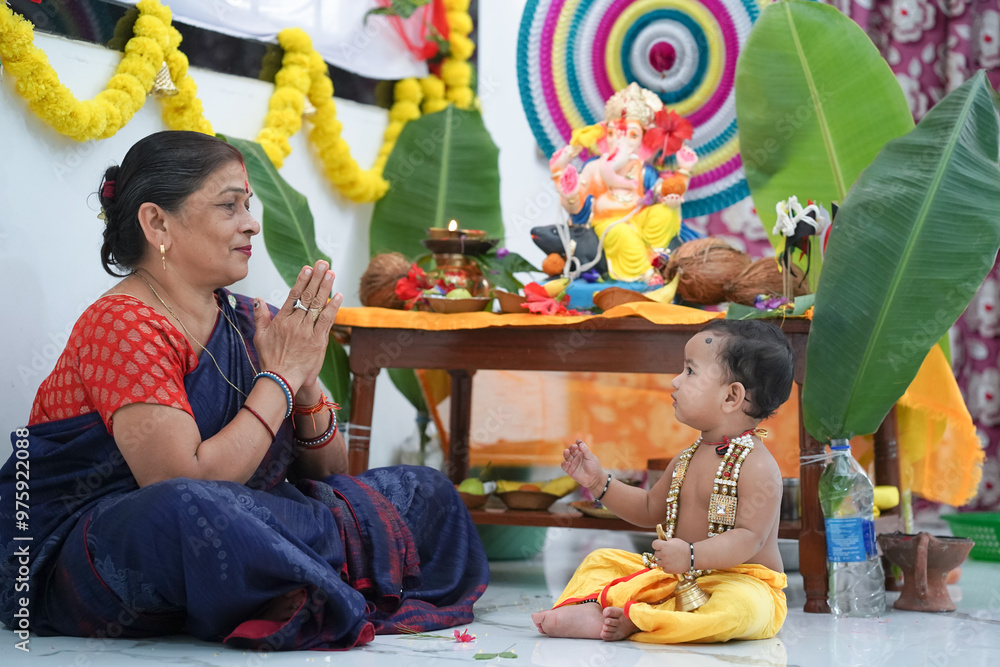 Grandmother and Baby Krishna Ritual, Traditional Hindu Festival with ...