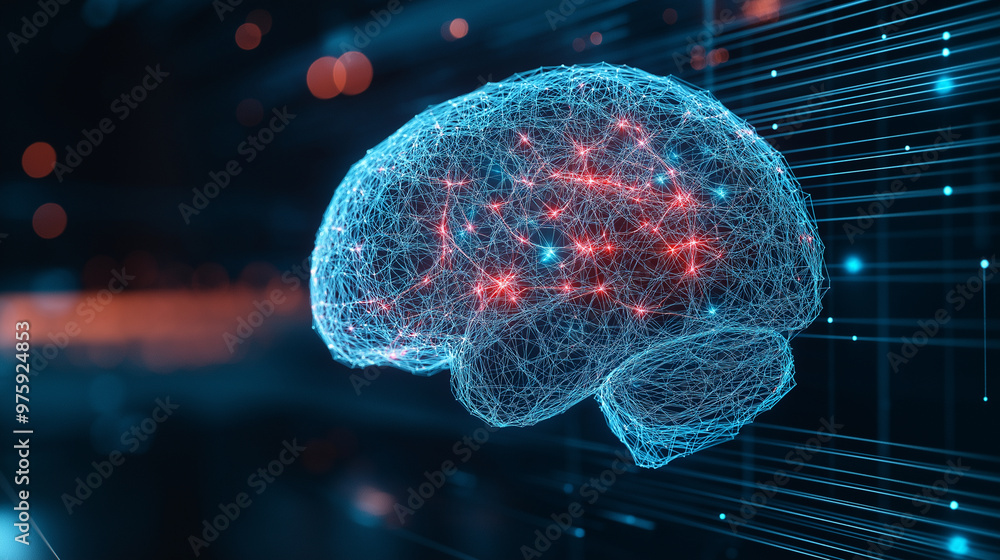 A complex 3D wireframe of a human brain, with separated layers ...