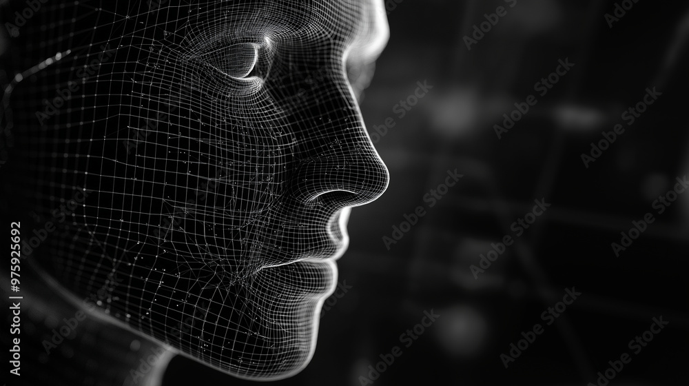 A wireframe-style 3D vector of a human face, with layers showing ...