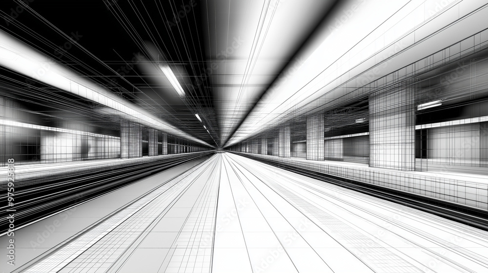A 3D wireframe vector of a train station, with layers separating the ...