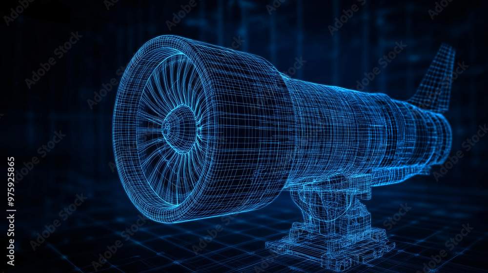 A wireframe 3D vector of a jet engine, with separated layers showing ...