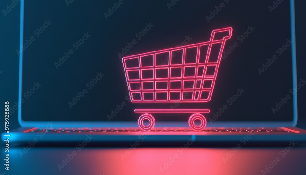 Futuristic digital shopping cart icon displayed on a laptop screen ...