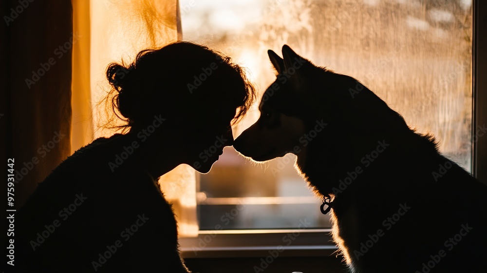 Silhouette of a person and dog touching foreheads in a tender moment of ...