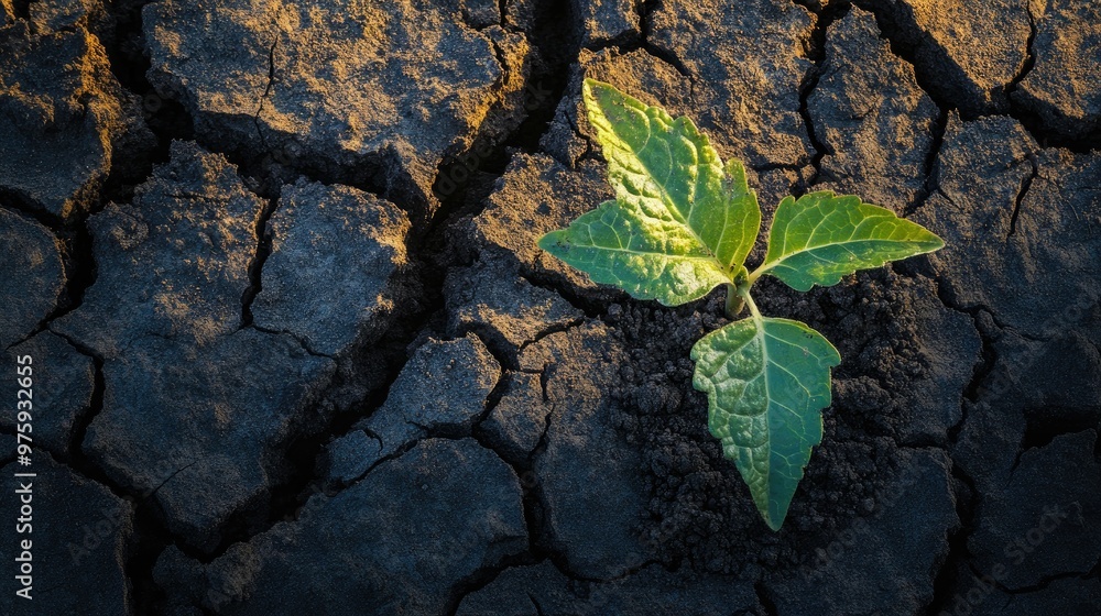 A close-up of cracked, dry soil, with a lone plant struggling to grow ...
