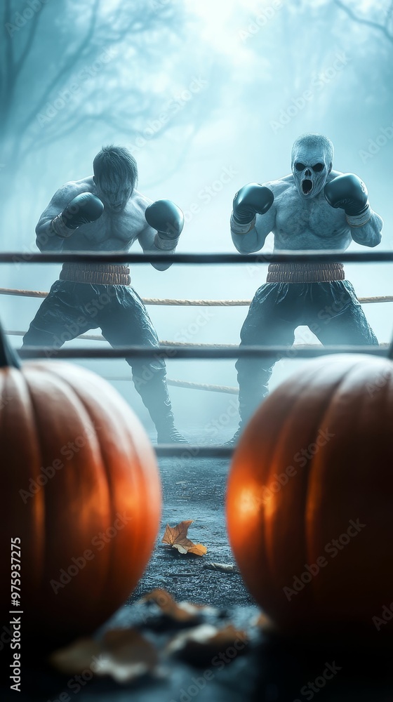 Halloweenthemed boxing match, fighters in eerie costumes, ring ...