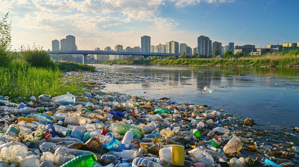 Riverbanks littered with plastic waste colorful landscape industrial ...
