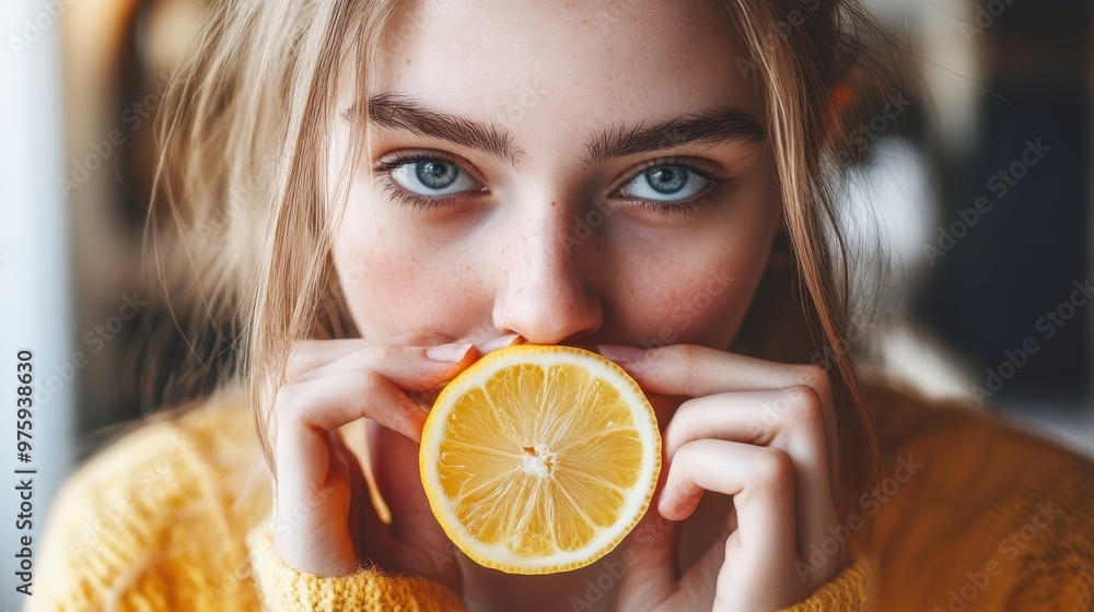 Young Girl Makes a Sour Face While Biting Into a Fresh Lemon in a Cozy ...