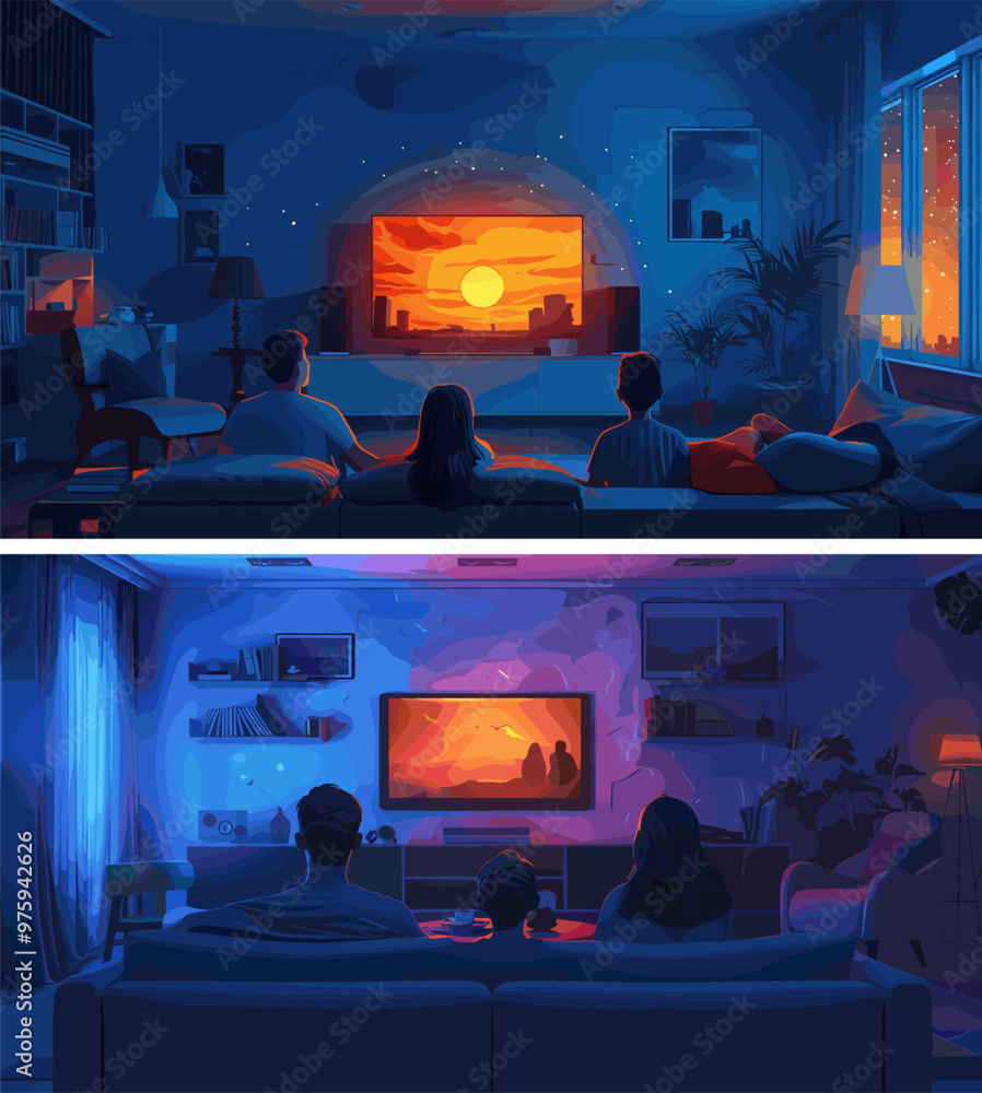 Family watching movie cartoon vector scenes. Tv orange screen man woman ...