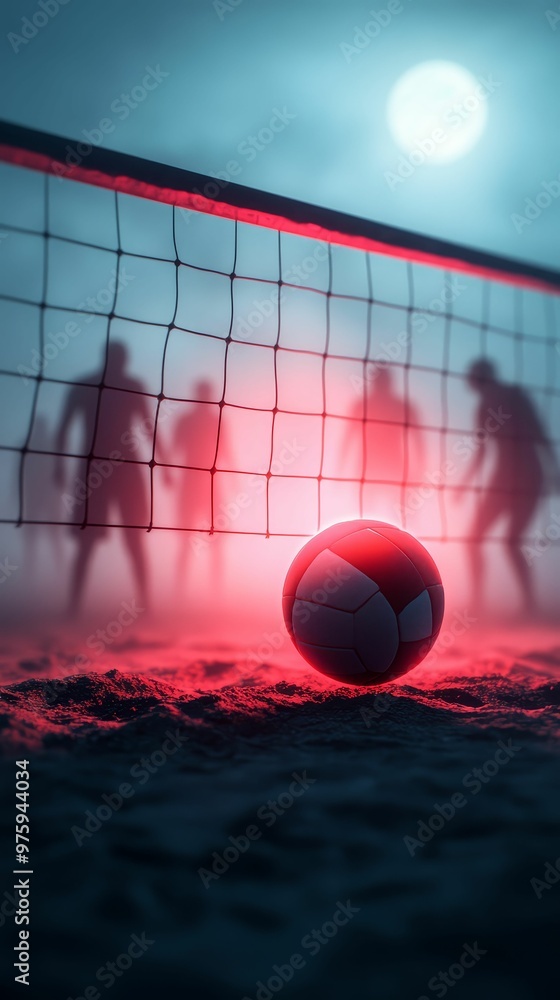 Spooky volleyball game on a foggy beach, glowing net and ball, players ...