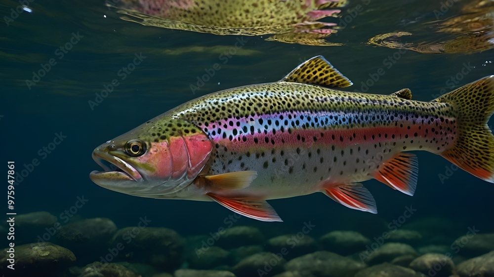 Rainbow trout swimming in natural underwater habitat, shallow depth of ...