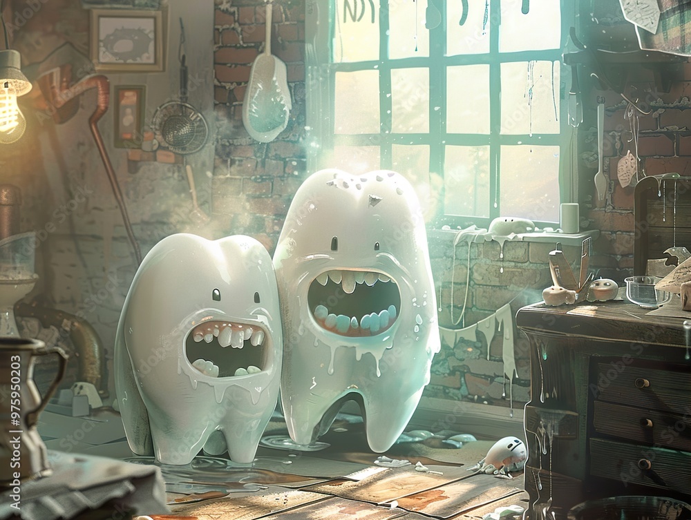 Two cartoon teeth, one with a hole, are covered in goo and dripping ...