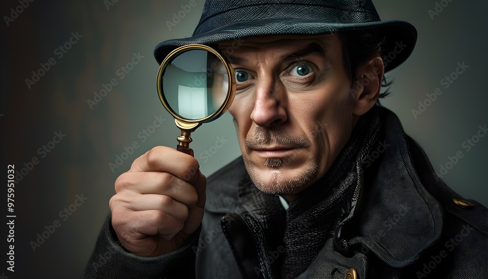 Serious detective unraveling mysteries with an oversized magnifying ...