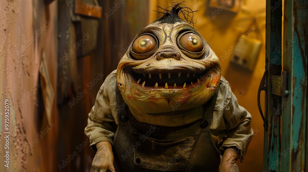 Poster, Foto A grotesque puppet with bulging eyes, a wide smile and ...