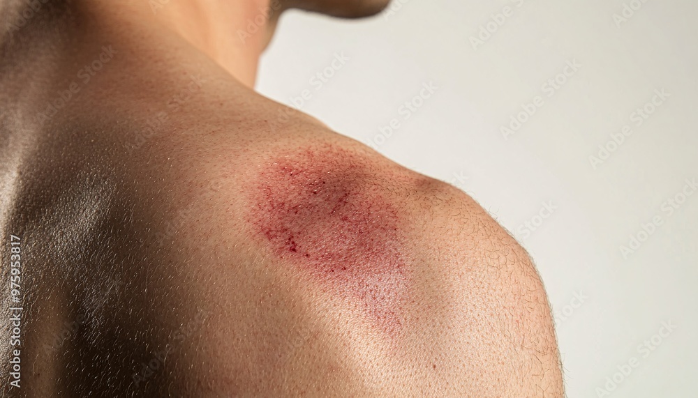 Close-up of a bruised shoulder on a solid white background highlighting ...