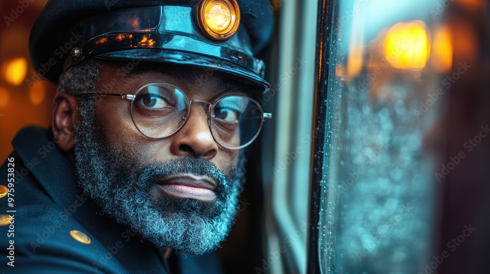 Train driver looking out window waiting at station at night Stock Photo ...