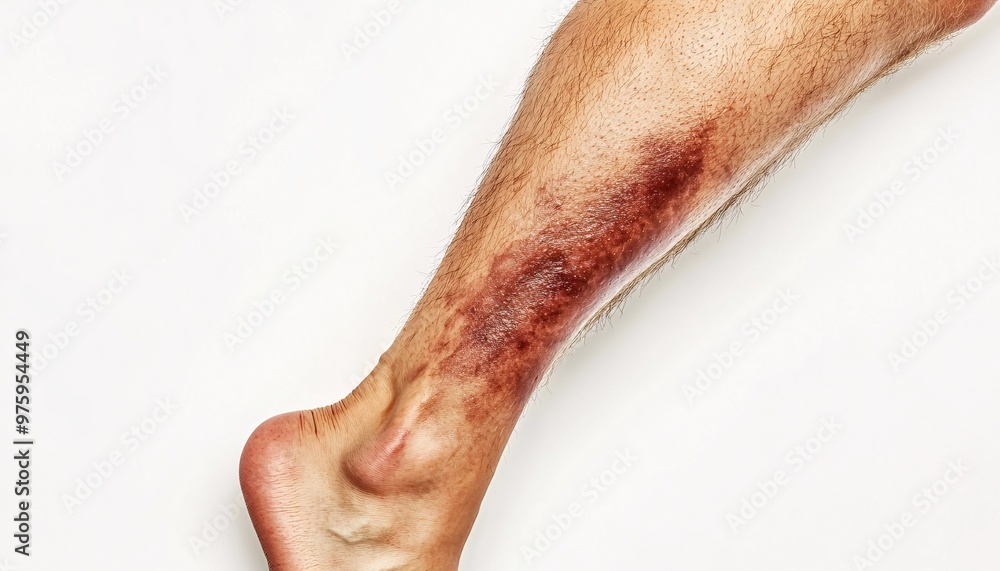 Long shot of a visible bruise on the shin against a solid white ...