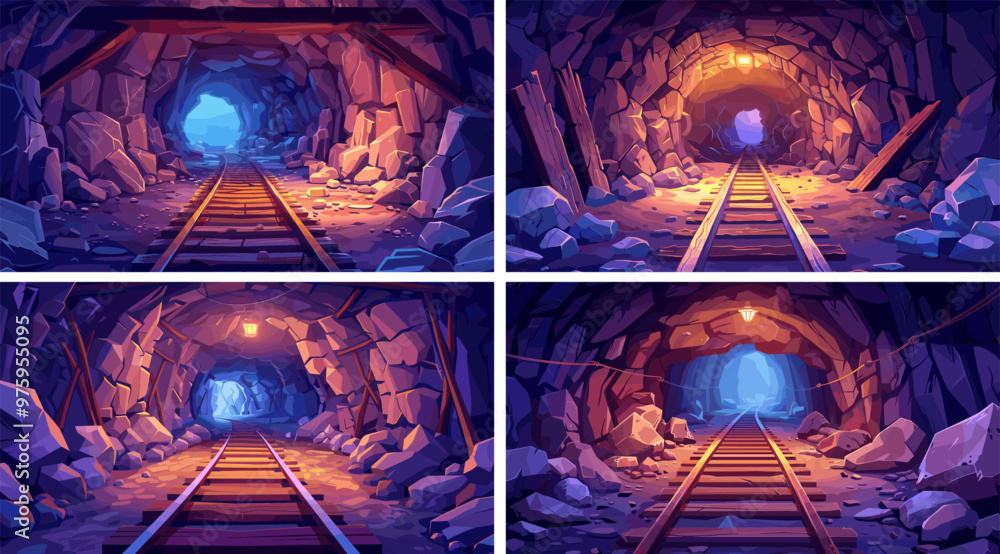 Mine passage cartoon vector concepts. Stones boulders underground shaft ...