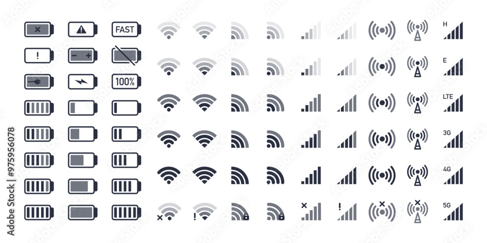 Smartphone wifi and battery icons. Mobile phone indicators, battery ...