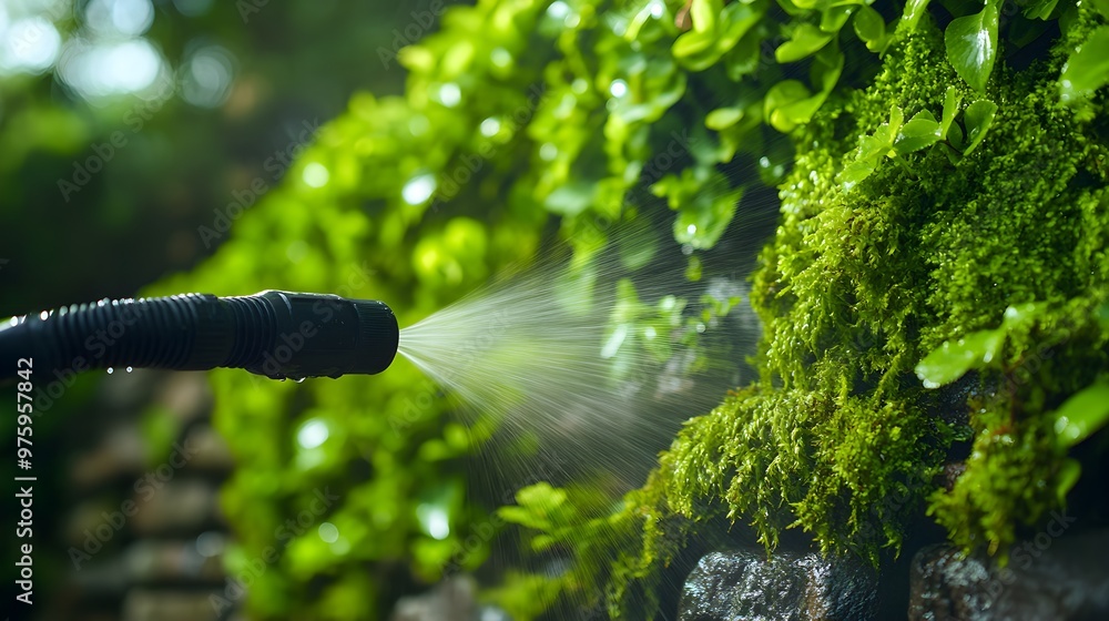 Pressure washer removing moss from an old stone wall, water spraying ...