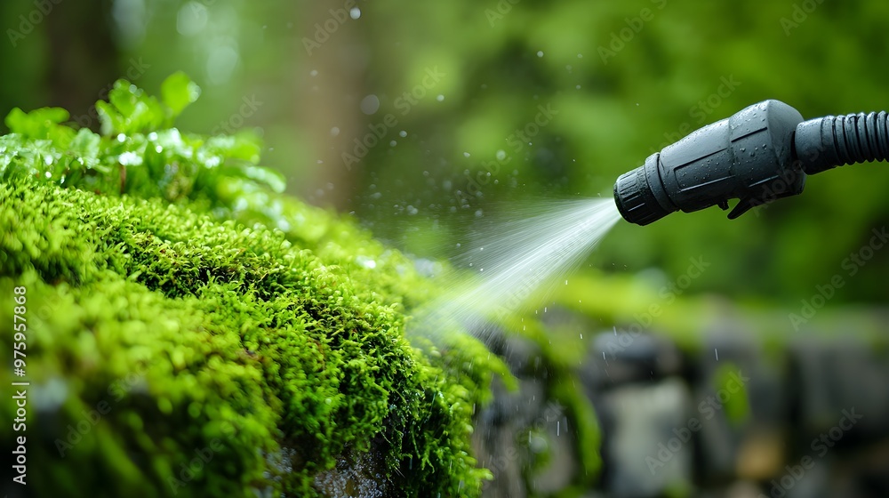 Pressure washer removing moss from an old stone wall, water spraying ...