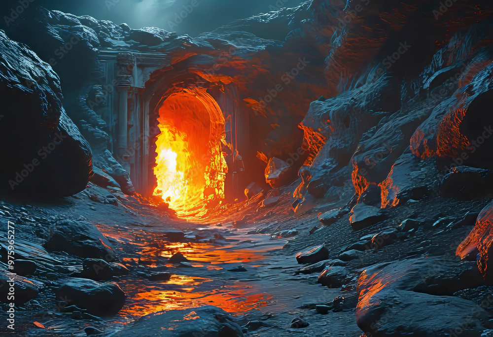 dark stone stairs going down and leading to the gates of hell, road to ...