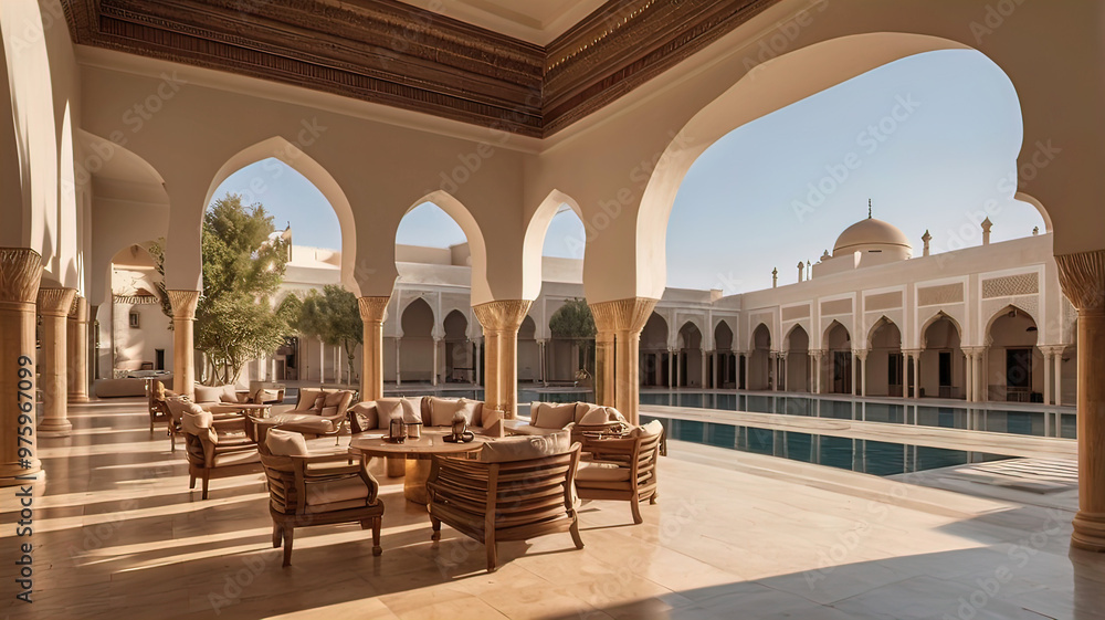 Facade of a building in Andalusian design, rectangular shape, long ...