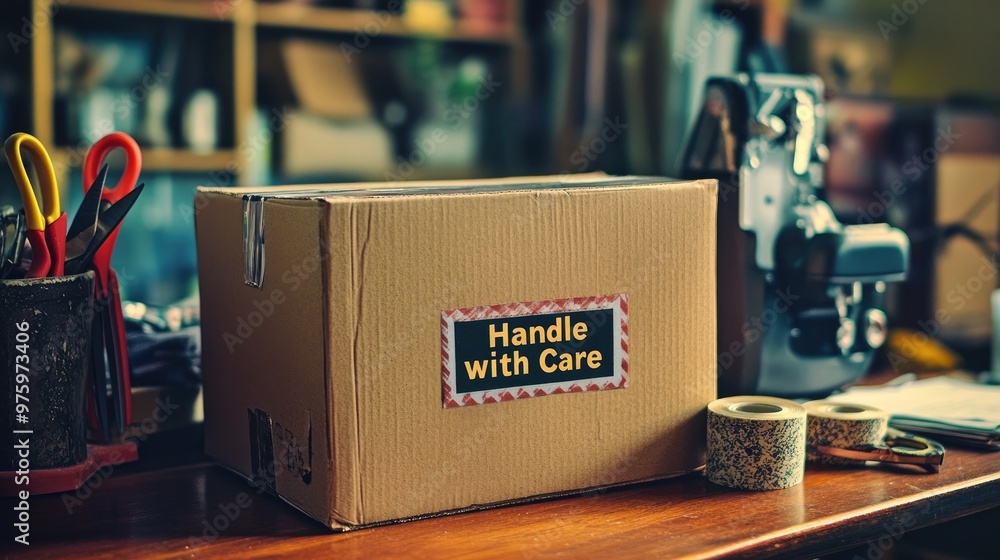 Cardboard box with a "Handle with Care" sticker placed on a desk, with ...
