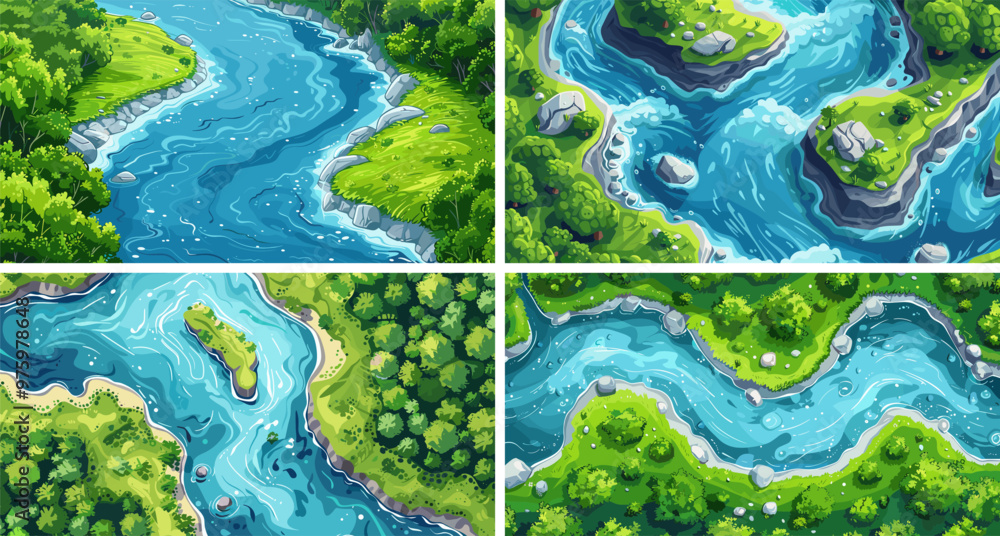 Top view spring river cartoon vector scenes. Winding azure water ...