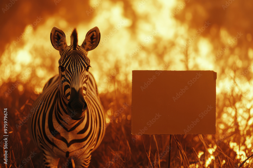 A zebra stands in tall grass holding a blank sign during a raging ...