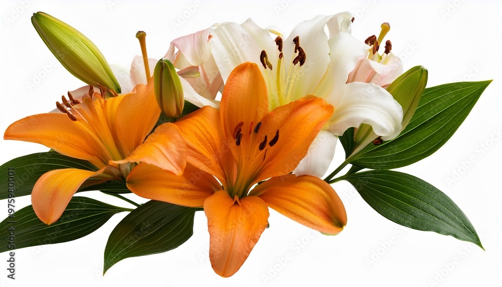 cluster of lilies with blooms buds and leaves isolated on transparent ...