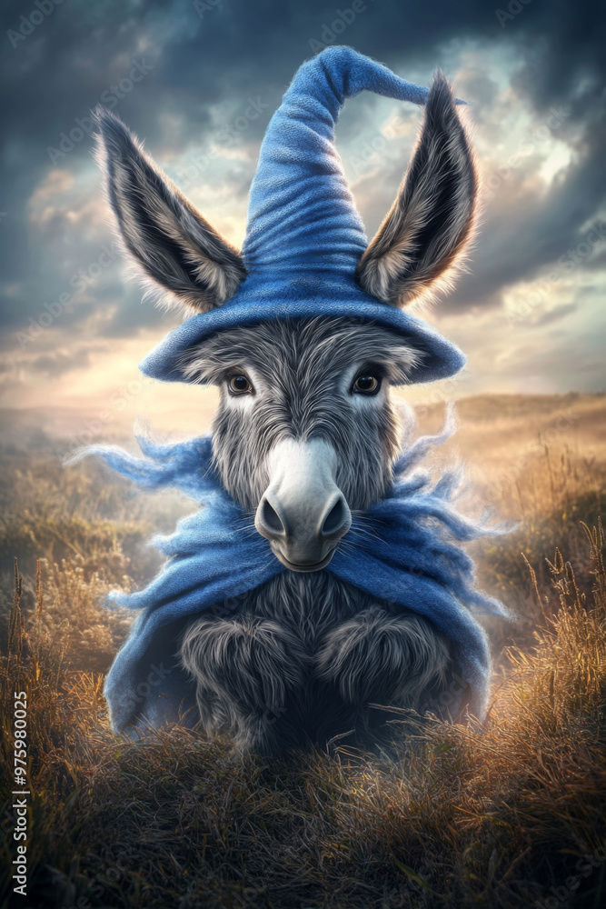 Whimsical Donkey Wizard in Misty Field, a charming donkey dressed in a ...