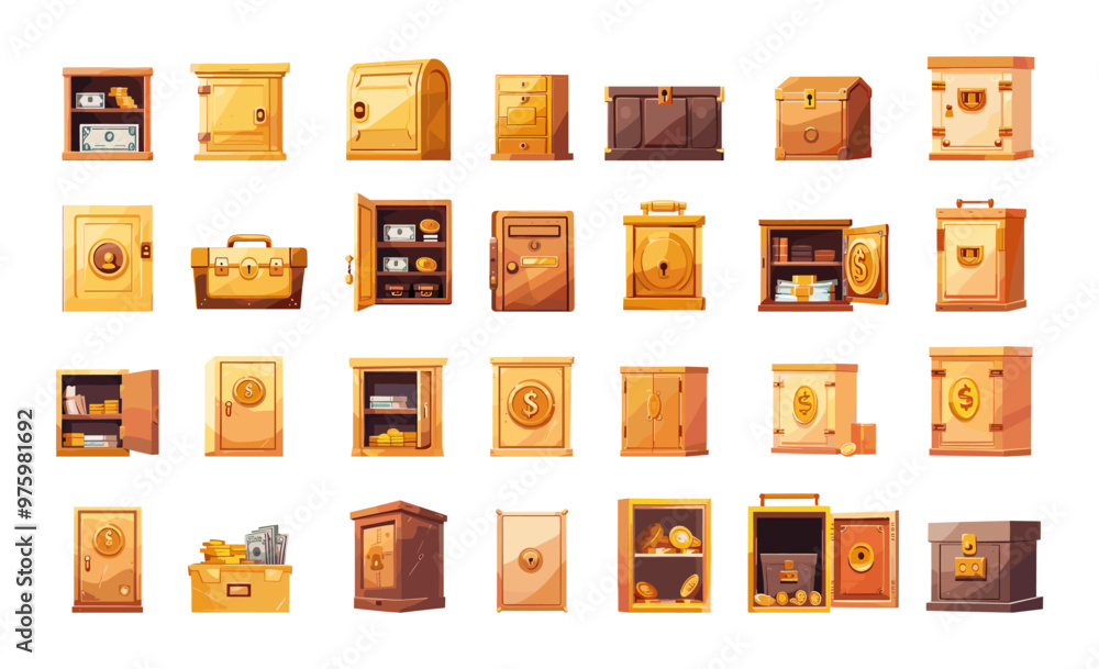 Vault safe open cartoon vector pack. Bank box currency gold coins ...