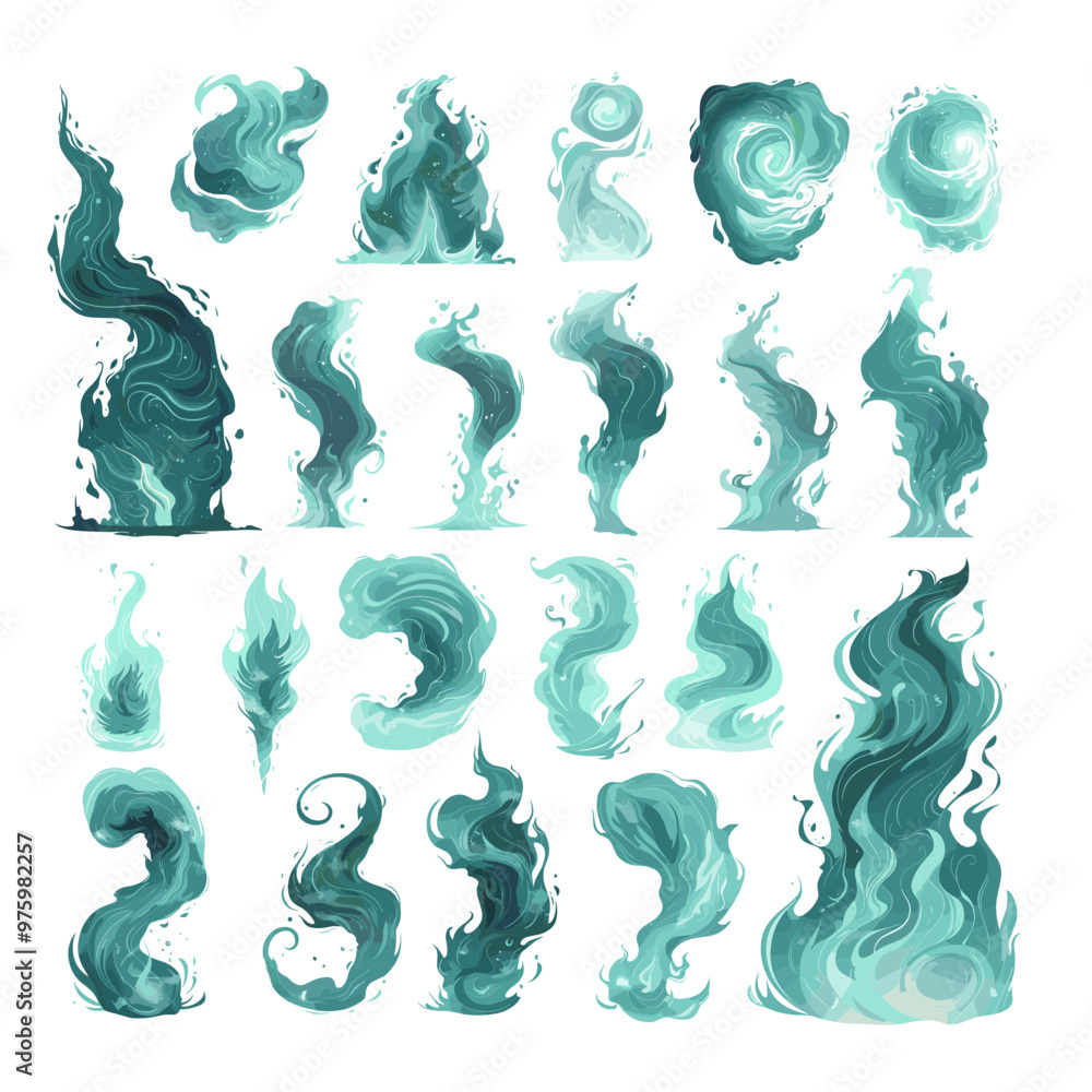 Verdant green vfx fire cartoon vector bundle. Tornado emerald flames ...