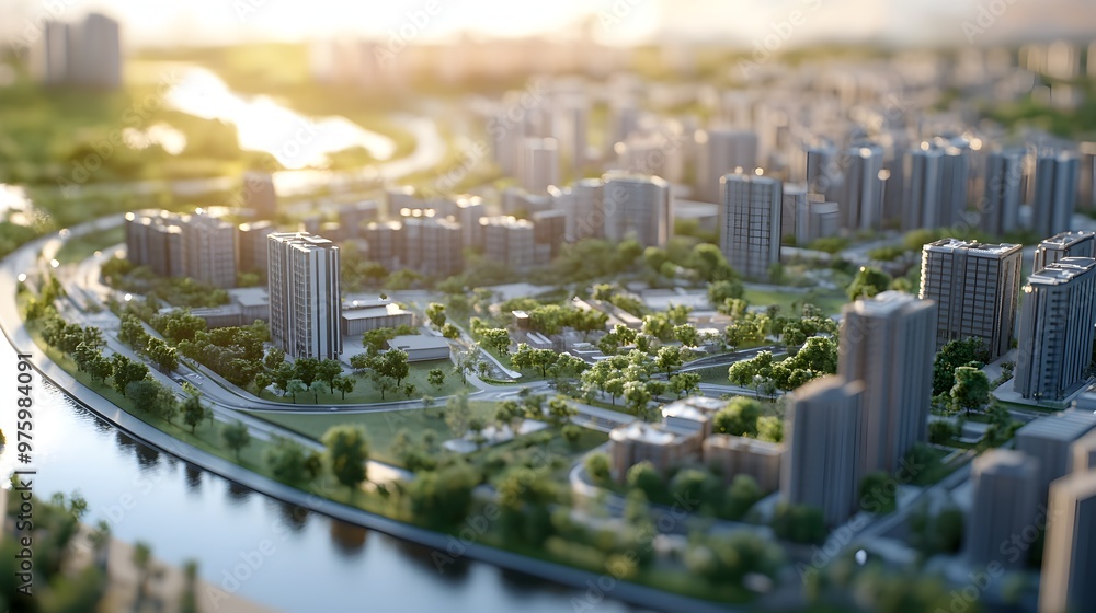 Aerial view of a futuristic sustainable digital city model with high ...