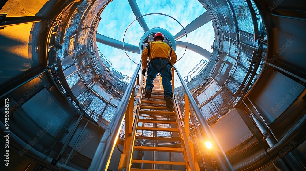 11. A wind turbine engineer climbing the internal ladder of a wind ...