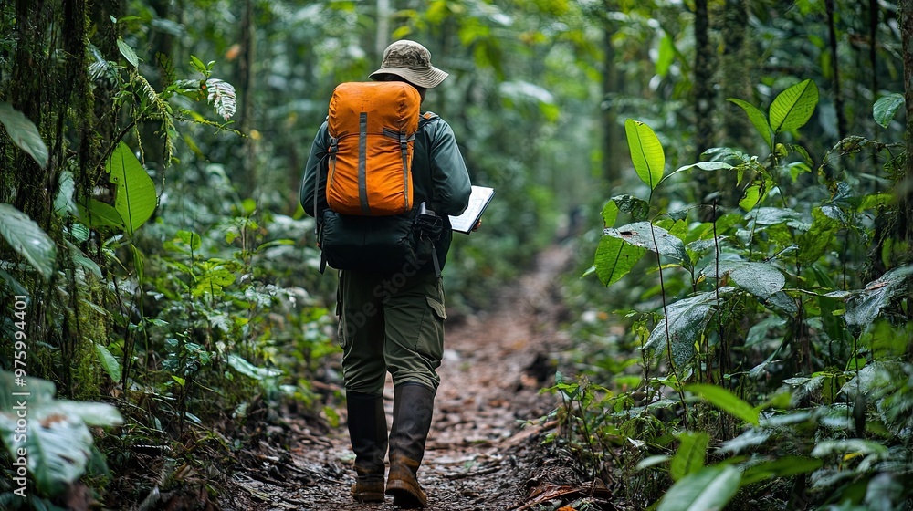 7. A forestry ranger walking along a narrow dirt path in the heart of a ...