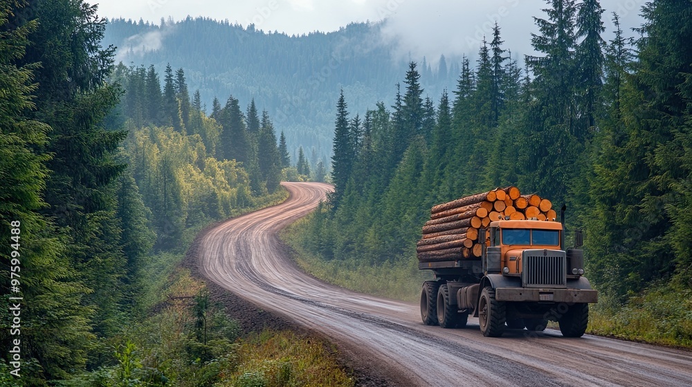 10. A logging truck carrying freshly cut timber down a winding road ...