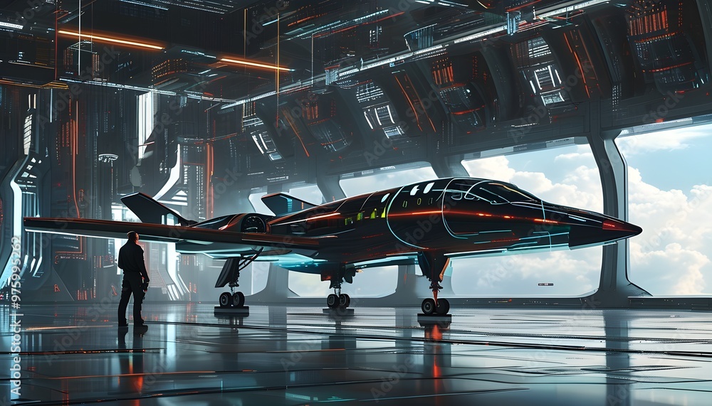 Futuristic aerospace engineer crafting holographic jet airliner design, visualizing cutting-edge ...