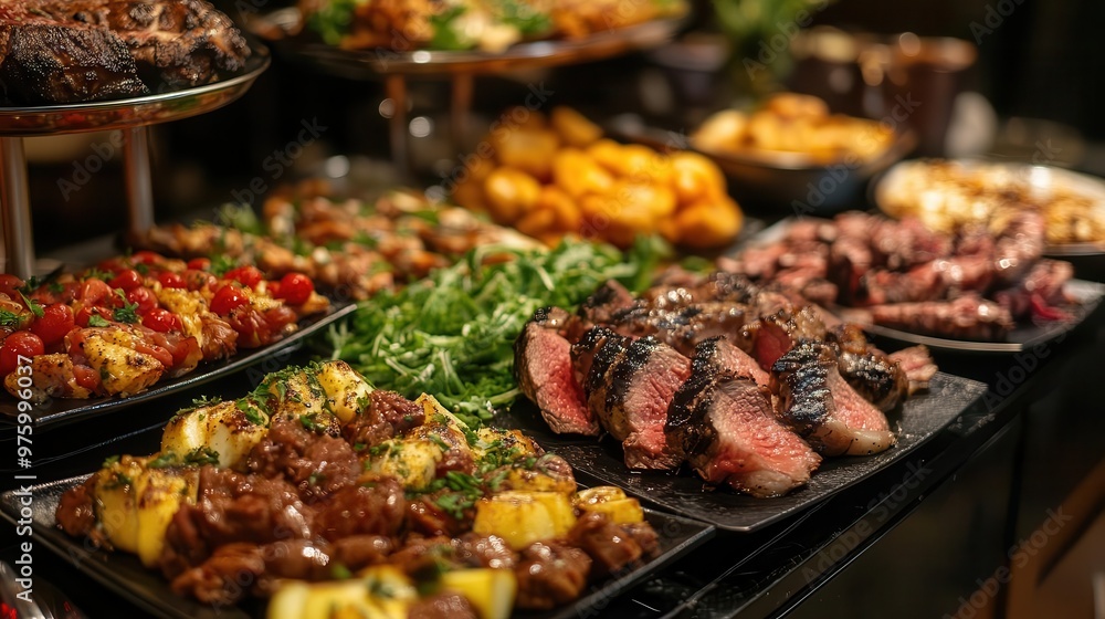 elegant catering buffet scene with a diverse array of gourmet dishes ...