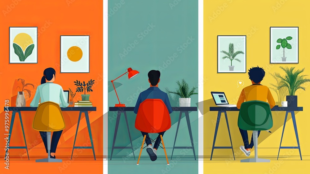 Telework people bento grid illustration set. Working from home 2D ...