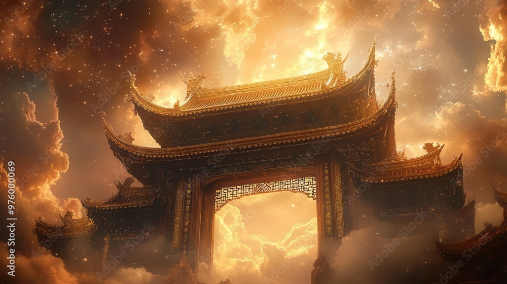 ethereal celestial gateway ornate golden gates surrounded by swirling ...