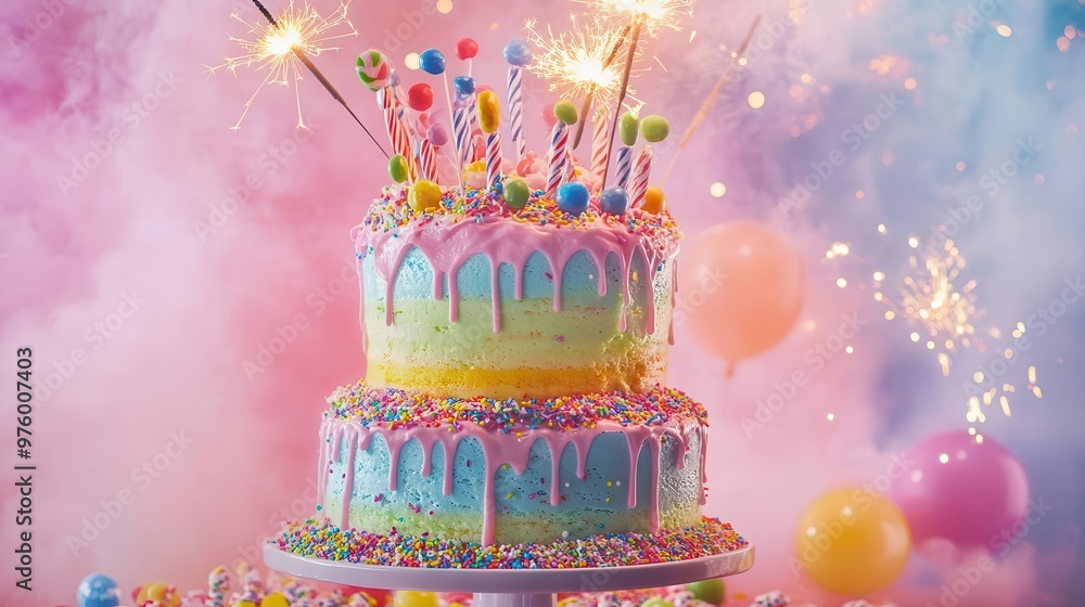 extravagant birthday cake with tiers of colorful frosting sparklers ...