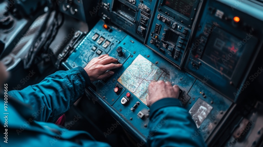 The conductor’s hand meticulously adjusts the control panel while a map ...