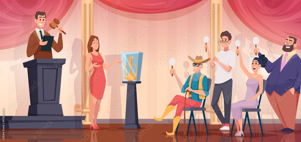 Auction. Background indoor interior different people buying and selling ...