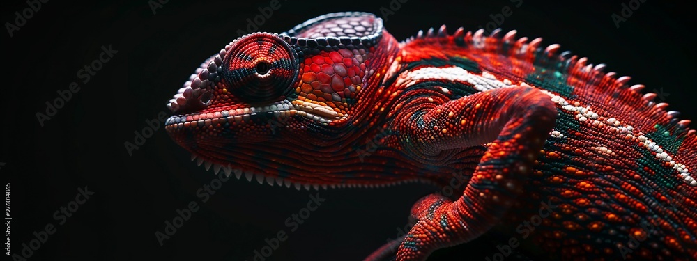 Hyper-realistic 4K image of a dark crimson red chameleon with subtle ...