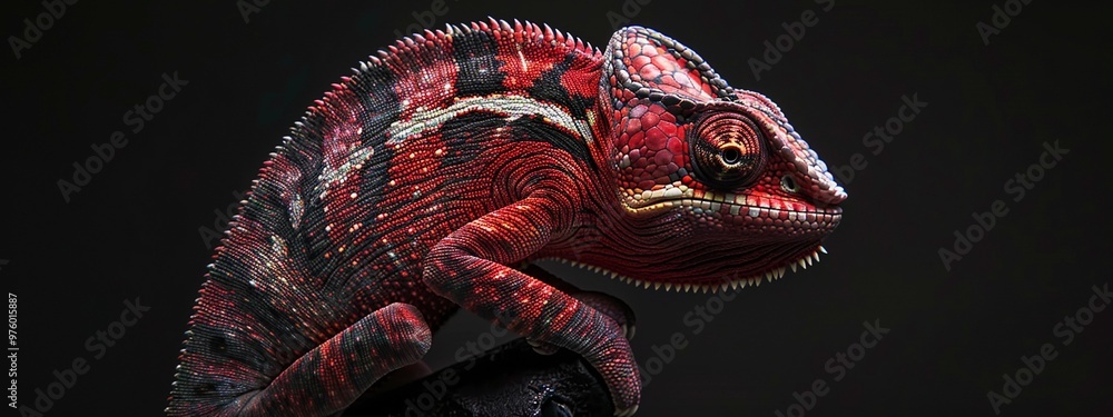 Hyper-realistic 4K image of a dark crimson red chameleon with subtle ...