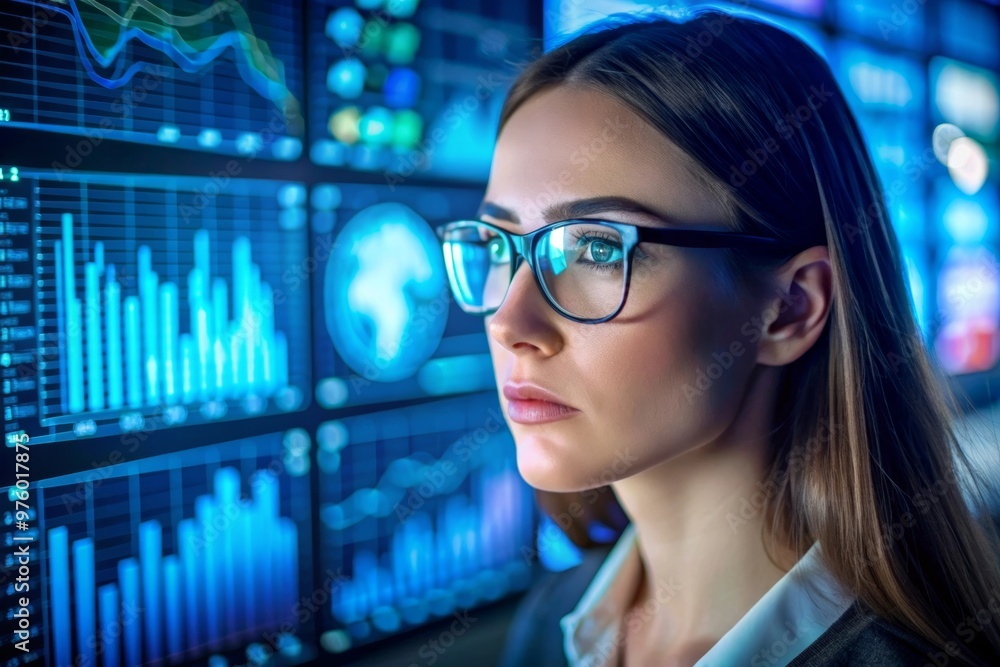 Professional Woman Analyzing Data on High-Resolution Screens with ...