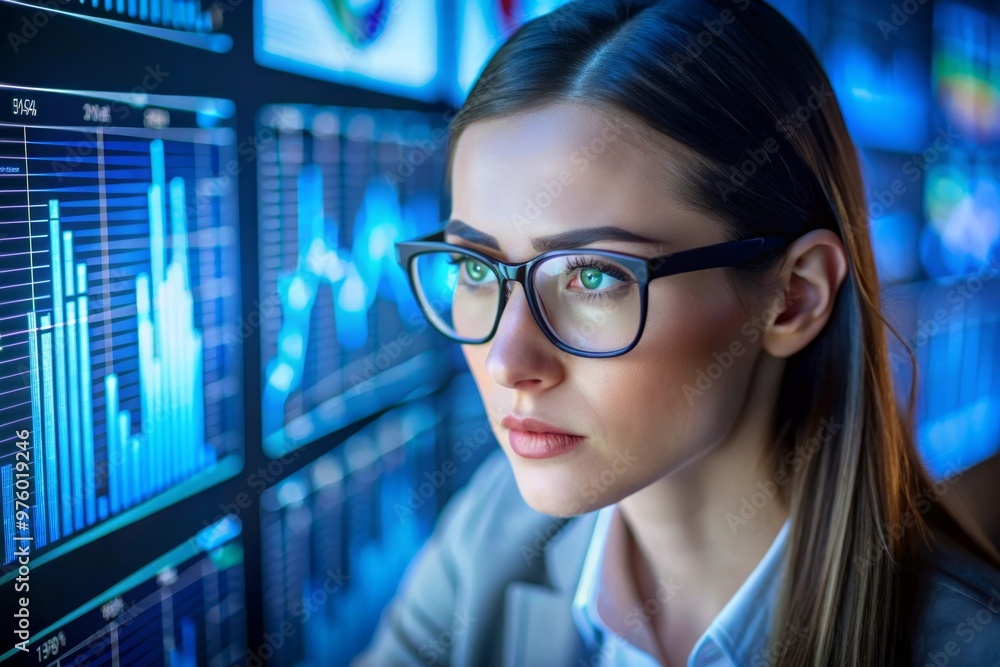 Professional Woman Analyzing Data on High-Resolution Screens with ...