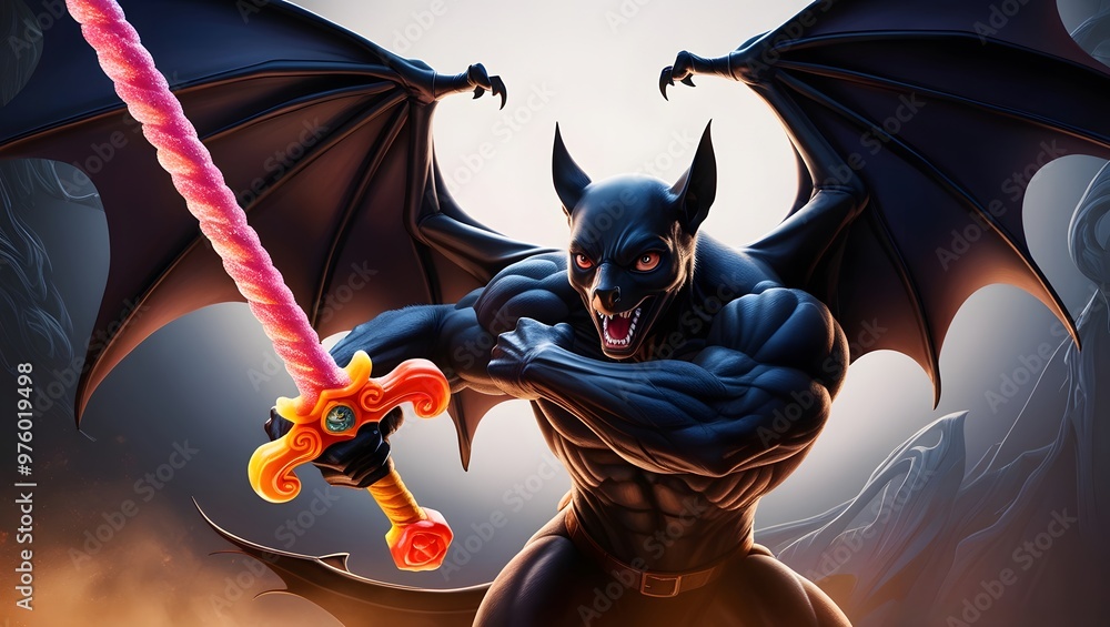Strong, muscular bat with a Halloween candy sword, shōnen anime style ...