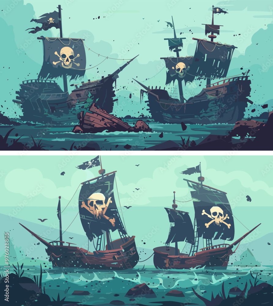 Spectral ghost buccaneer ships cartoon vector scenes. Dark banner skull ...